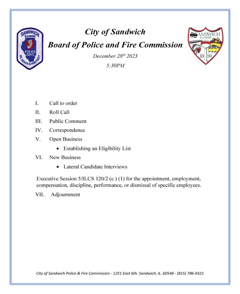 12/28/23 Police Commission Agenda – City of Sandwich Police Department