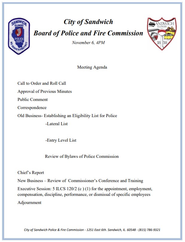 11/06/24 Police Commission Agenda – City of Sandwich Police Department