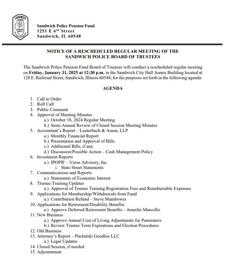 Pension Board 1-31-25 Meeting Agenda – City of Sandwich Police Department