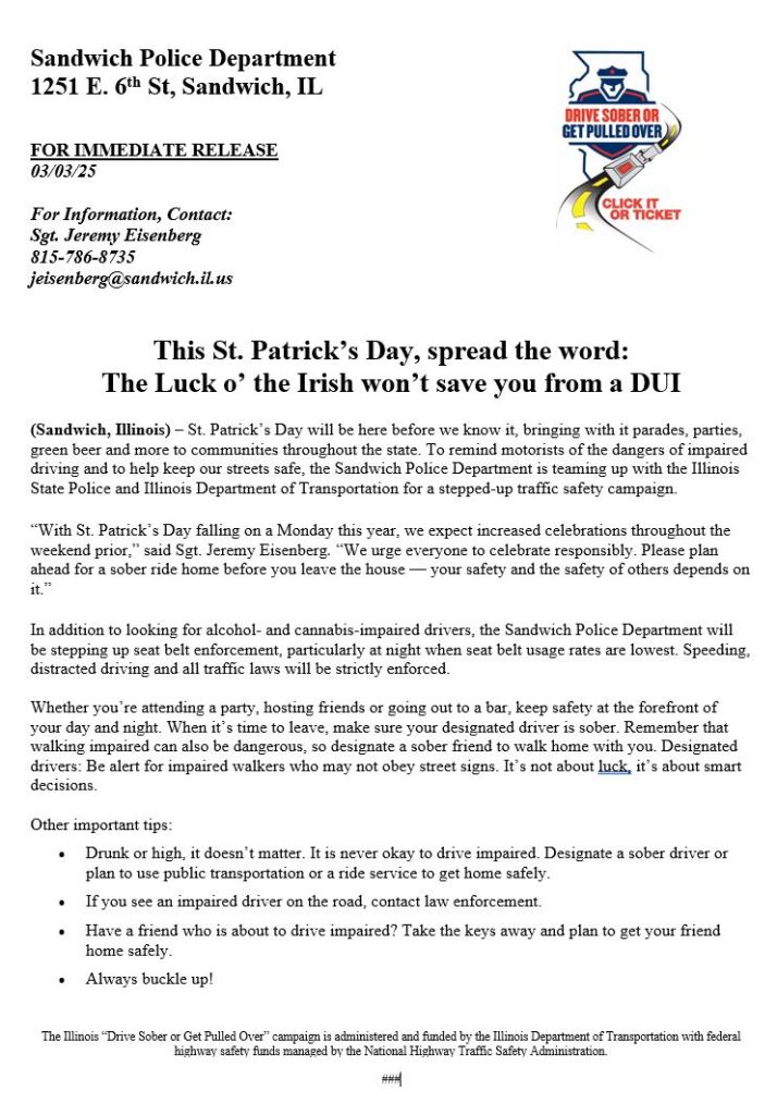 St. Patrick’s Day Traffic Enforcement Campaign – City of Sandwich ...