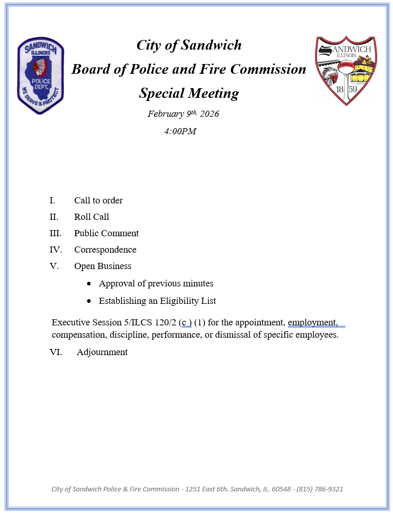 Police Commission Special Meeting 02/09/26 – City of Sandwich Police ...